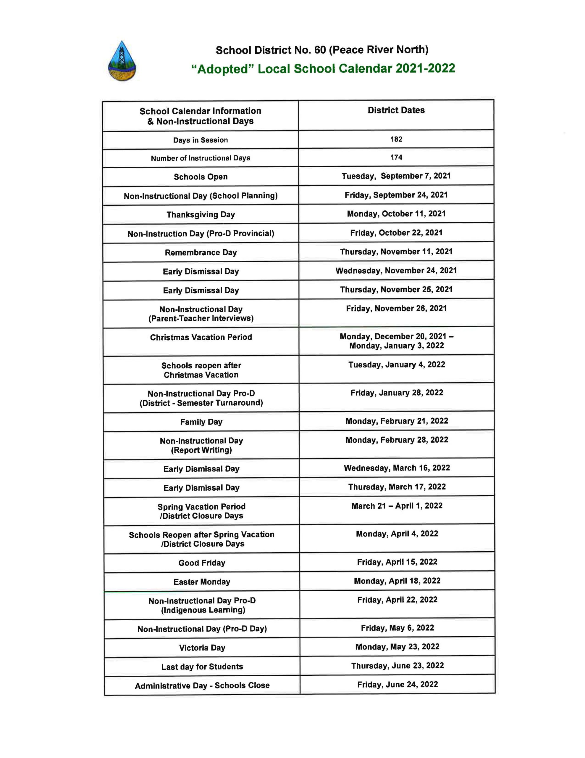 Adopted School Calendar – Key Learning Centre